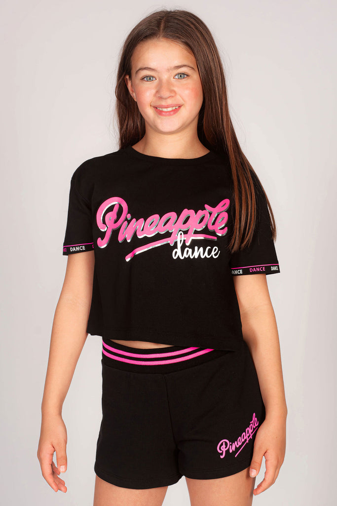 Girls' Black Dance Crop T-Shirt with Logo Chest Print | Pineapple