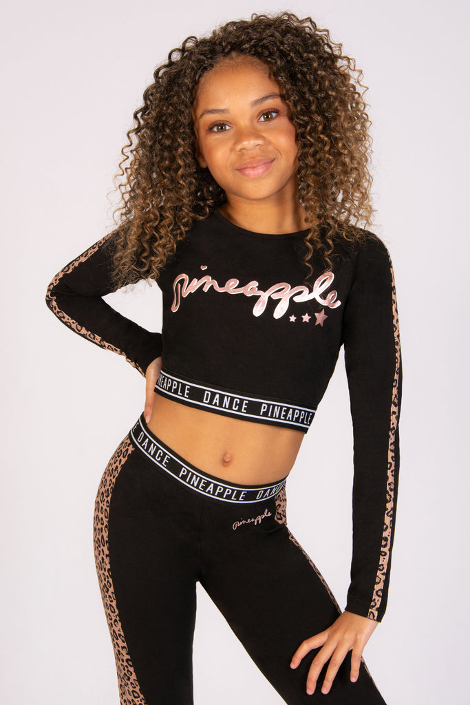 Girls' Long Sleeve Crop Top with Leopard Print & Rose Gold Foil Logo
