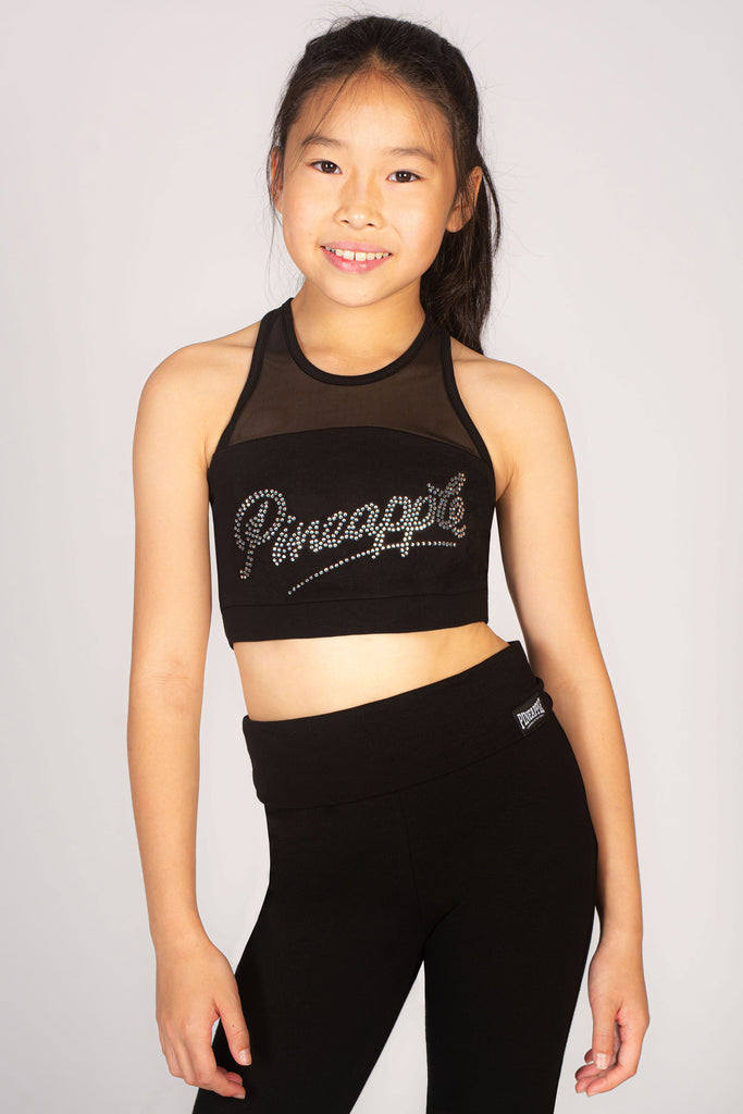 Black Logo Mesh Panel Crop Top for Girls | Kids Dance Essentials