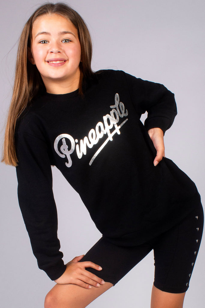 Girls' Black Sweatshirt with Silver Foil Logo | Kids' Leisurewear