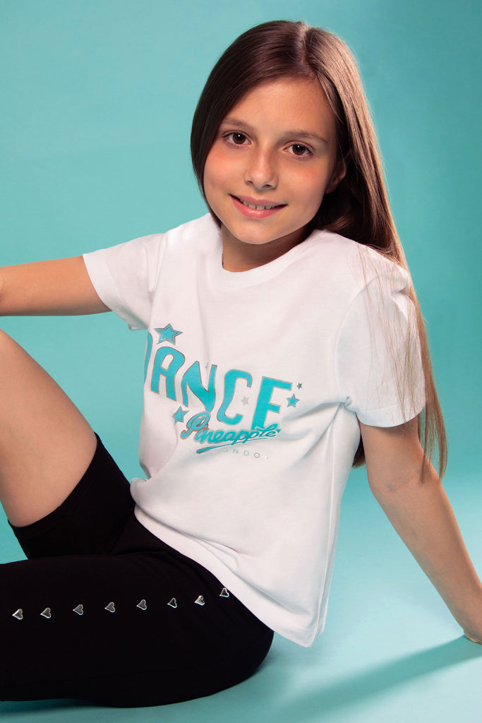 White Pineapple Dance T-Shirt for Girls with Turquoise Logo Print