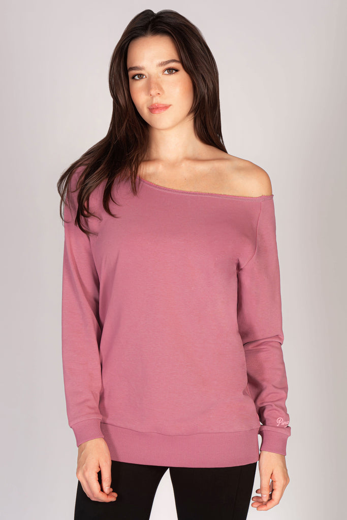 Women's Off Shoulder Longline Sweat Top in Dusty Pink | New Tops